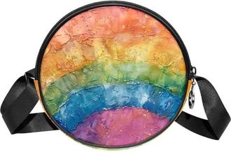 Generic Sac &agrave; bandouli&egrave;re rond pour femme, motif arc-en-ciel, petit sac &agrave; bandouli&egrave;re avec fermeture &eacute;clair, bretelles r&eacute;glables, sac &agrave; main rond d&eacute;contract&eacute; 