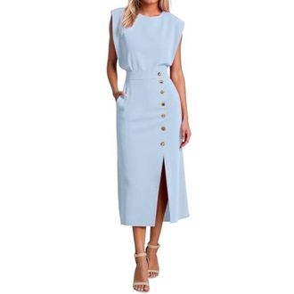 Generic Robe d&eacute;t&eacute; d&eacute;contract&eacute;e pour femme - Col en V - Coupe ajust&eacute;e - Fente lat&eacute;rale - Bouton en m&eacute;tal - &Eacute;l&eacute;gante robe midi, bleu, XXL