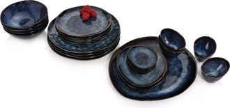 Sänger | Teller Set & Servierplatten Tokio 23 tlg, Geschirrset 4 Personen, Steingut, Tafelservice inkl. Speiseteller Servierplatten Schüssel Set Dunkelblau m