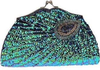 Generic Sacs de soirée rétro à paillettes et perles pour femmes, style paon cheongsam, sacs à main de luxe de créateur, pochettes, sacs à bandoulière (bleu pa