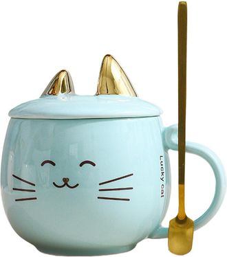 Generic Katzen-Teetasse, Katzenbecher F&uuml;r Katzenliebhaber - 480 Ml S&uuml;&szlig;e Katzenbecher Mit Deckel,Kreative Frauen-K&auml;tzchen-Tasse Mit Edelstahll&ouml;ffel, Neuartige 