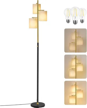 Vasagle Lampadaire sur Pied Salon, avec 3 Ampoules, 3 Douilles E27, Intensit&eacute; R&eacute;glable, Abat-Jour en Tissu, Dor&eacute; et Noir