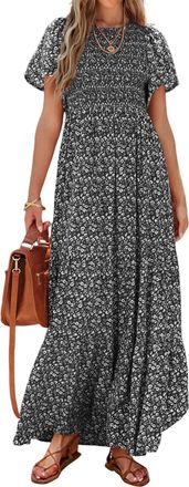 PrettyGarden Damen Sommer Casual Flutter Kurzarm Boho Floral Maxikleid Rundhals Gesmokte Stufenkleider Lange Kleider, Schwarz, Mittel