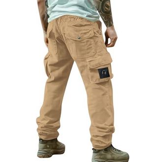 Generic Pantalon de travail pour homme, pantalon cargo en coton pour homme, pantalon de travail cargo multi-poches droit, kaki, XL