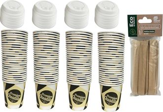 Arbutus 48 Einweg-Trinkbecher aus Pappe, 120 ml, mit 48 Kunststoffdeckeln, Becher zum Mitnehmen und 50 Holzstäbchen