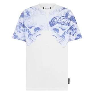 Philipp Plein Homme, Tops, Blanc, Taille: L Round Neck T-Shirt Ceramic Skulls