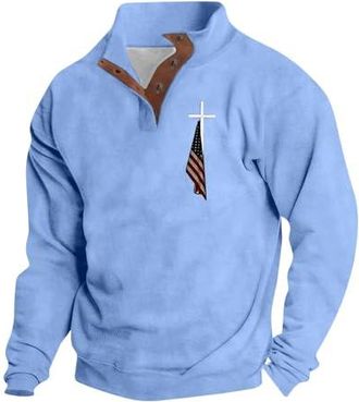 Generic Pull à col rond pour homme - Mode décontractée - Imprimé 3D - Col montant - Bouton - Manches longues - Sweat à capuche décontracté, bleu clair, 3XL