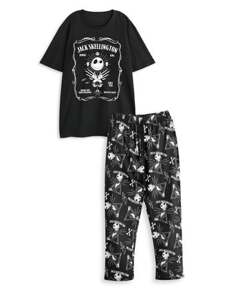 Disney The Nightmare Before Christmas Herren-Pyjama-Set | Erwachsene Jack Skellington Graphic Kurzarm-Oberteil und langbeinige Pyjama-Hose in Schwarz Nachtwä