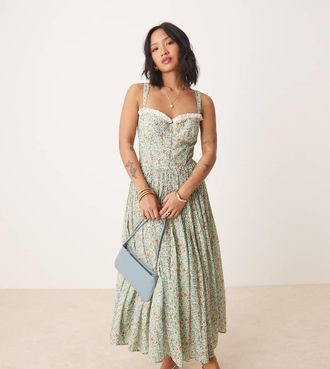 Lace & Beads Petite Robe corset mi-longues &agrave; petites fleurs en coton - Bleu