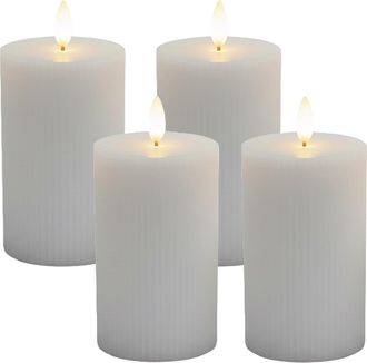 Relaxdays LED Kerzen, 4er Set, HxD: 13 x 7,5 cm, flackernde Flamme, Echtwachs, Rillen, flammenlose Blockkerzen, hellgrau