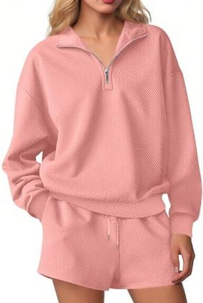 Generic Ensemble de survêtement à demi-fermeture éclair pour femme - Survêtement décontracté à col châle - Ensemble deux pièces confortable et élégant - Textu