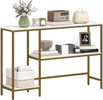 HOMCOM Konsolenm&ouml;bel 120 cm, Konsolentisch 3 Ebenen mit Aufbewahrungsregalen, Platten in Marmoroptik, Metallrahmen, Tisch f&uuml;r Eingang, Wohnzimmer, Flur, wei&szlig;