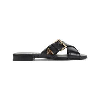 Prada Sandalen - Black Leather Sandals With Crisscross Straps - Gr. 37,5 (EU) - in Schwarz - f&uuml;r Damen