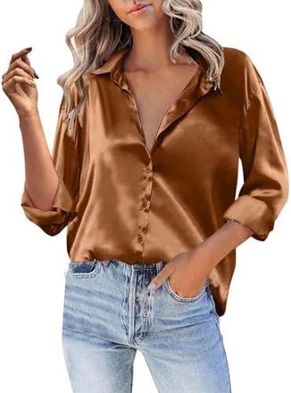 Generic Chemisier en satin boutonné à manches longues et col en V pour femme, caramel, XXL