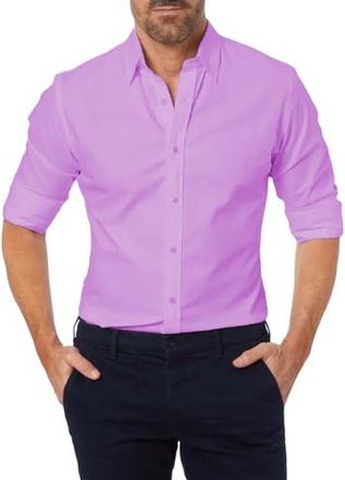 Generic Chemise habillée pour homme sans repassage extensible infroissable coupe ajustée couleur unie à manches longues col à bandes boutonnées pour fête de m