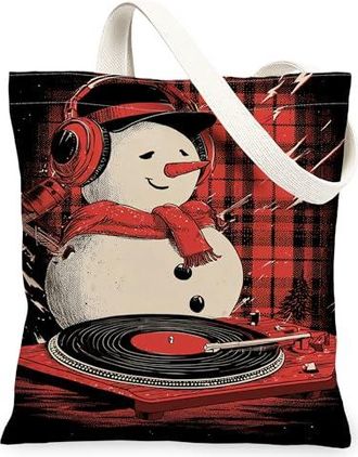 Generic Sac fourre-tout en toile motif bonhomme de neige, sac de courses r&eacute;utilisable, l&eacute;ger et lavable avec bandouli&egrave;re, Rouge, 13x15 Inch