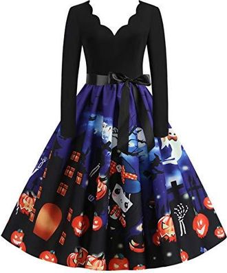 ZYUEER Robes Femmes Halloween Citrouille Vintage Imprimé Dentelle Manches Courtes Grande Jupe Swing Chic Vêtements Deguisement Halloween Femme Robe de Cockta