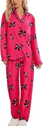 Generic Pyjama imprim&eacute; avec noeud pour femme, short avec poche &agrave; boutons, style mignon, Rouge, XL