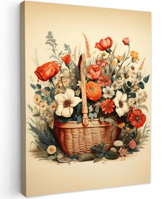 MuchoWow © Leinwandbild 60x80 cm Dekoration Wohnzimmer Bilder Aufhängen Wall Decoration Living Room Wohnungs Deko Moderne Vintage - Blumen - Korb - Beige - Far