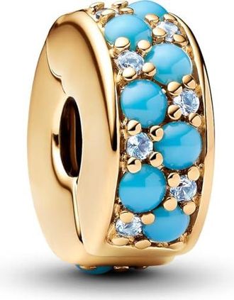 Pandora Pandora Moments 763902C01 Breloque à clip en argent sterling plaqué or 14 carats avec cristaux bleu glacé et bleu capri compatible avec pendentif Mome