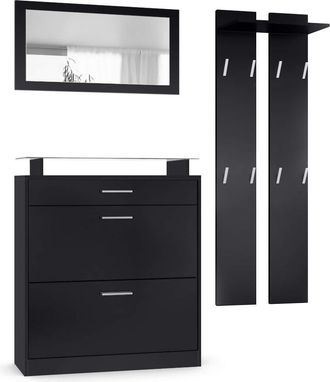 Vladon Garderobe Loret mini, Garderobenset bestehend aus 1 Schuhschrank, 1 Wandspiegel und 2 Garderobenpaneele, Schwarz matt/Schwarz matt