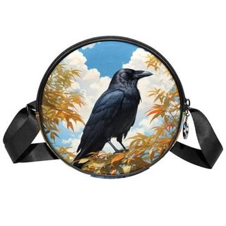 Generic Sac &agrave; bandouli&egrave;re rond pour femme, petit sac &agrave; bandouli&egrave;re avec fermeture &eacute;clair, bretelles r&eacute;glables, style d&eacute;contract&eacute;, motif corbeau