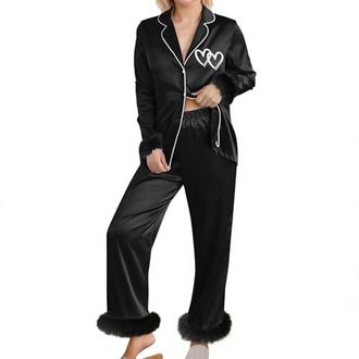 Generic Ensemble de pyjamas d&eacute;contract&eacute;s et confortables pour la Saint-Valentin 2026 pour femmes, chemise &agrave; manches longues, pantalon, deux ensembles, Noir, X