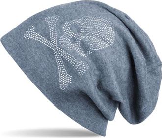 styleBREAKER Bonnet Classique avec Application en Strass en Forme de t&ecirc;te de Mort, Unisexe 04024034, Couleur:Bleu-Gris chin&eacute;, mat&eacute;riel:Chaud
