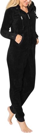 Eight2Nine Damen Teddyfleece Jumpsuit mit Kapuze und &Ouml;hrchen, Flauschiger Overall mit Daumenl&ouml;chern, kuschelig bequemer One-Piece f&uuml;r entspannte Stunden, schwarz