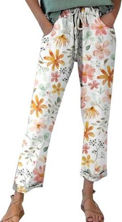 Generic Pantalon en Lin Ete Femme Leger Fluide L&eacute;ger Ceinture &Eacute;lastiqu&eacute;e Femme Taille Haute Poche Automne Lin Imprim&eacute; Pantalons D&eacute;contract&eacute;s Pantacourts Ample