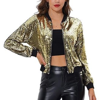 Allegra K Femmes Veste Ajustée à Manches Longues à Glissière et Paillettes de Noël Or S