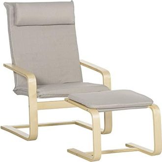 HOMCOM Fauteuil Relax avec Repose-Pieds et Coussin Appui-t&ecirc;te - Bois et Tissu Effet Lin - dim. 67I x 69P x 100H cm - Gris