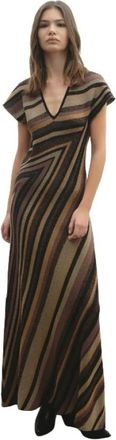 Akep Femme, Robes, Brun, Taille: 40 FR Longue Robe &agrave; Col V Profond et Rayures Diagonales