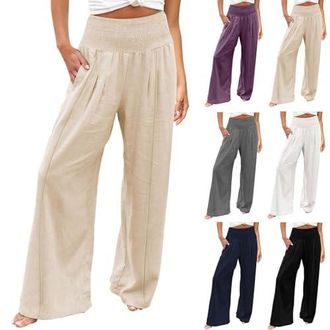 Generic Pantalon de plage en lin &eacute;lastique taille haute avec poches pour femme, beige, 3XL