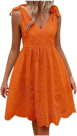 Generic Robes amincissantes pour femmes, robe mi-longue, dentelle, jacquard, ajour&eacute;e, col en V, taille L, 2026, Orange, XXL