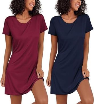 Ekouaer Chemise de Nuit Manches Courtes 2pcs Tee Shirt de Nuit Femme Coton Robe de Nuit Col Rond Vêtements de Nuit Sexy, Marine + vin rouge, XL