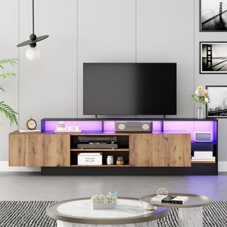 Generic TV Schrank Holzoptik Schwarz 190 cm Lowboard mit LED Beleuchtung Erh&ouml;hte Ablage f&uuml;r 80 Zoll Fernseher Klappt&uuml;ren Wohnzimmer TV Board Unterschrank Side