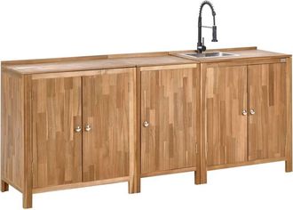 Beliani Outdoor-K&uuml;che 3er Set mit Sp&uuml;le VENOSA Akazienholz Braun / Schwarz
