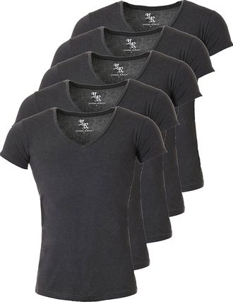 Young & Rich Herren Uni T-Shirt mit extra tiefem V-Ausschnitt Slimfit Stretch Dehnbare Passform einfarbiges Basic Shirt - 5er Pack, Gr&ouml;sse:XXL, Farbe:Dunkelgrau