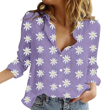 Generic HUIFUAO Chemise en Coton et Lin pour Femme avec col en V, Manches Longues, boutonnée, imprimé Floral Marguerite, t-Shirt élégant, Violet, L
