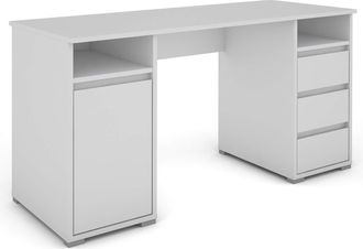 Byliving Schreibtisch LOBO / Arbeits-Tisch in Weiß / Computer-Tisch mit 3 Schubladen, 1 Tür und 2 offenen Fächern / große Arbeits-Fläche 138 x 55cm / Bürotisch