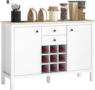 HOMCOM Buffet Meuble de Rangement avec 2 tiroirs, 2 Portes étagères réglables et Porte-Bouteilles pour 9 Bouteilles, 110 x 35 x 75 cm, Blanc et Bois Naturel