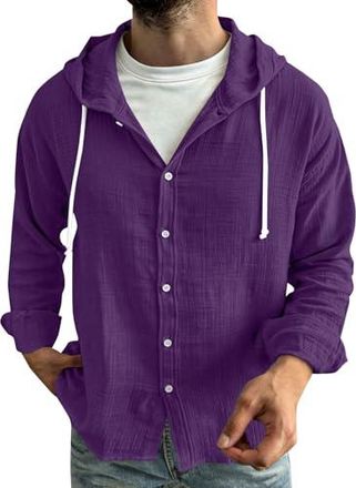 Generic Chemise &agrave; manches longues en lin et coton &agrave; capuche boutonn&eacute;e l&eacute;g&egrave;re pour homme avec cordon de serrage - Haut d&eacute;contract&eacute; &agrave; manches longues de couleur