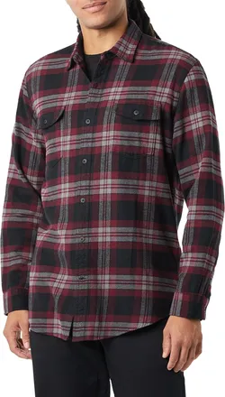 Amazon Essentials Herren Flanellhemd mit 2 Taschen und Langen Ärmeln in normaler Passform, Schwarz Burgunderrot Karomuster, XXL