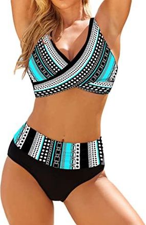 Minetom Femme Boho Vintage Deux Pièces Push Up Bikini Set Ensemble Imprimé Floral Maillots de Bain Taille Haute Triangle Swimwear J Bleu XS
