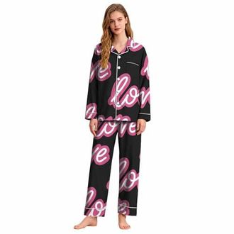 Generic Ensemble de pyjama 2 pi&egrave;ces en satin pour femme avec imprim&eacute; amour mignon, haut &agrave; revers et pantalon &agrave; boutons pour femme, v&ecirc;tements de d&eacute;tente d&eacute;cont