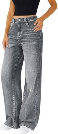 Generic Jean large pour femme, pantalon baggy décontracté en denim, taille haute, extensible, contrôle du ventre, gris, XXL