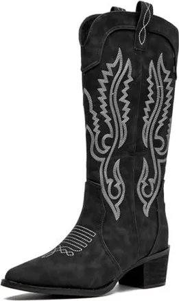Dadawen Bottes Hautes À Talons Femme Bottes Cowboy Western Jusquau Genou avec Broderie Vintage -Noir 41