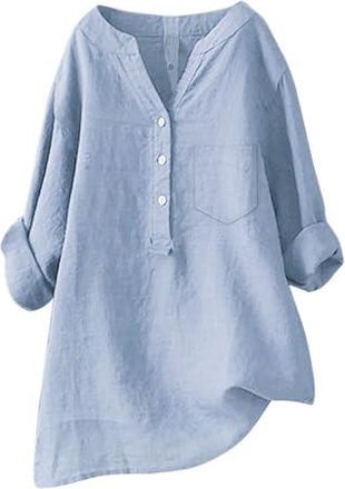 Generico Chemise d&eacute;t&eacute; pour femme en coton et lin avec boutons, mode, couleur unie, chemisier col en V, t-shirt &eacute;l&eacute;gant basique pour f&ecirc;te, t-shirt d&eacute;contract&eacute;, 