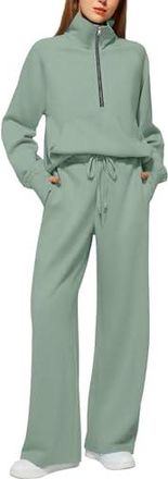 Generic Ensemble de surv&ecirc;tement d&eacute;contract&eacute; deux pi&egrave;ces pour femme avec demi-fermeture &eacute;clair et pantalon &agrave; jambes larges, surv&ecirc;tement en lin et coton, tenue 